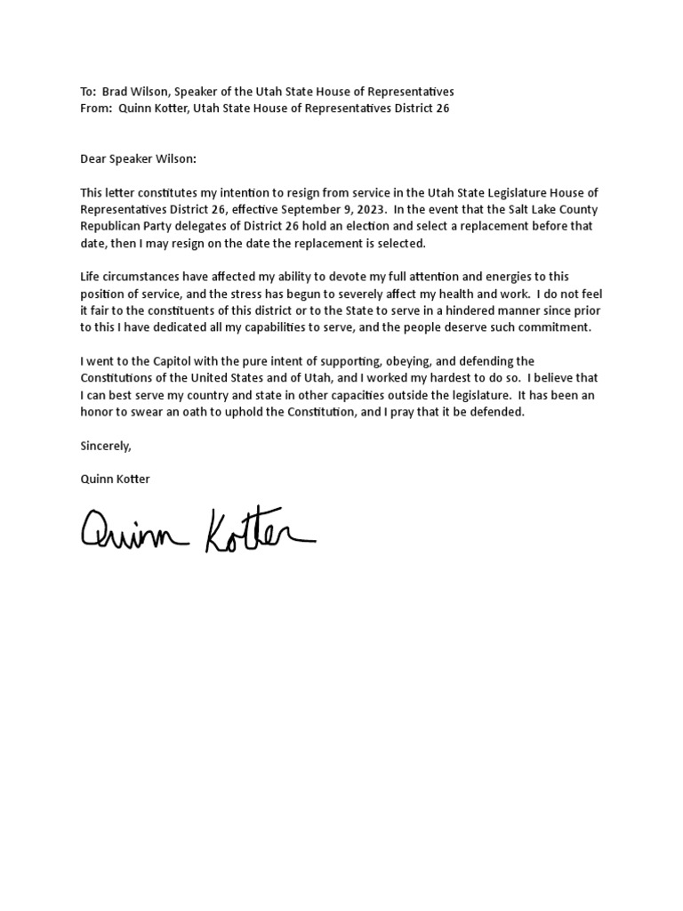 Rep. Quinn Kotter - Resignation Letter | PDF