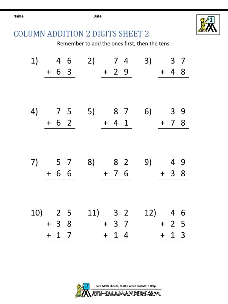 Column Addition 2 Digits Carrying 2 | PDF