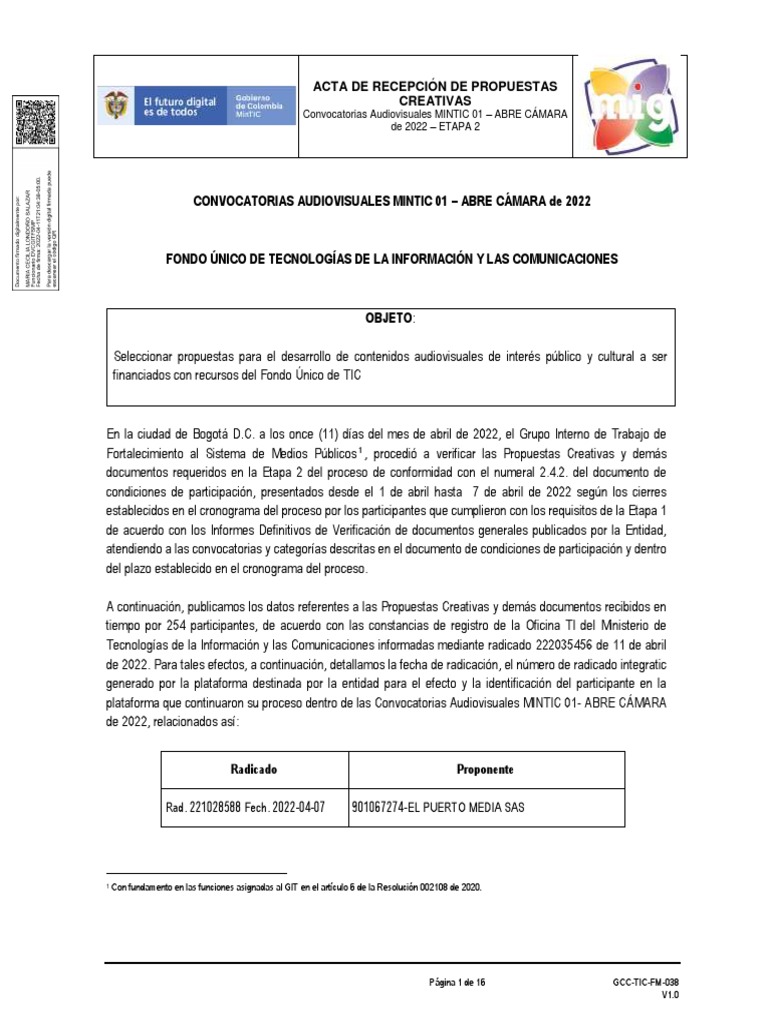 Acta Propuestas Creativas MINTIC 2022 | PDF | Tecnología
