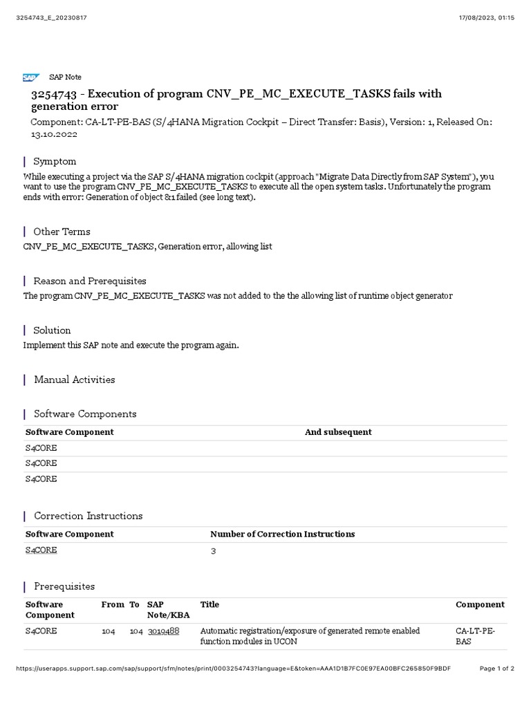 Execution of Program CNV - PE - MC - EXECUTE - TASKS Fails With ...