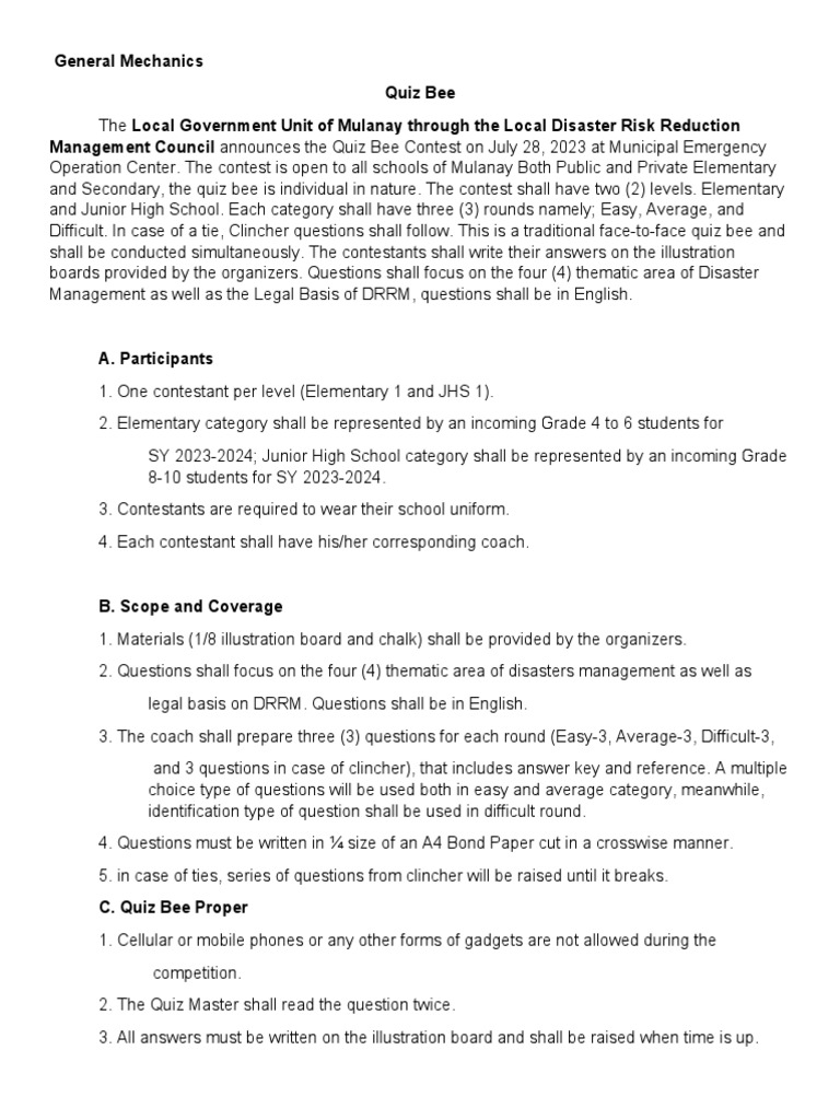 Guidelines For Quiz Bee | PDF | Middle Schools