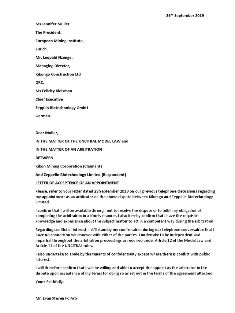 Arbitration Appointment Acceptance Letter | PDF | Social Science