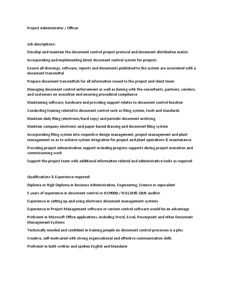 Project Administrator Job Description | PDF
