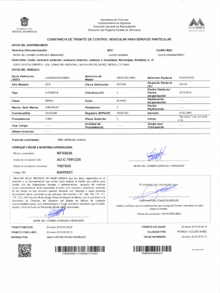 Constancia de Tramite de Control Vehicular para Servicio Particular(1 ...