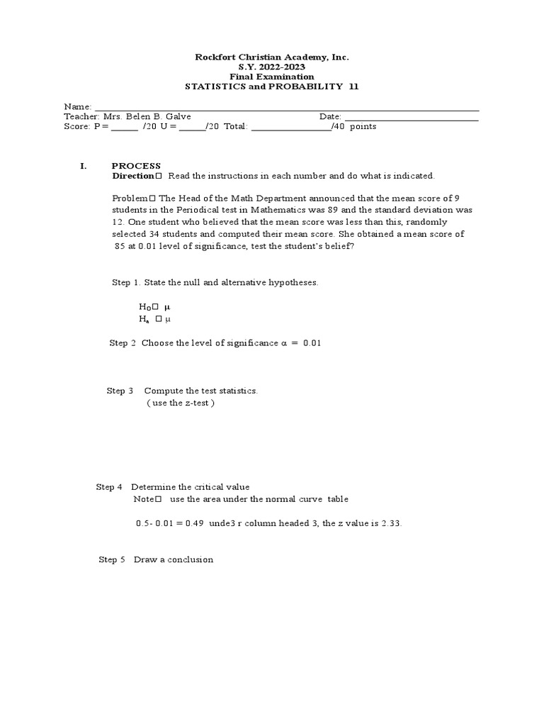 STATISTICS and PROBABILITY - Final Exam Corrected | PDF | Statistical ...