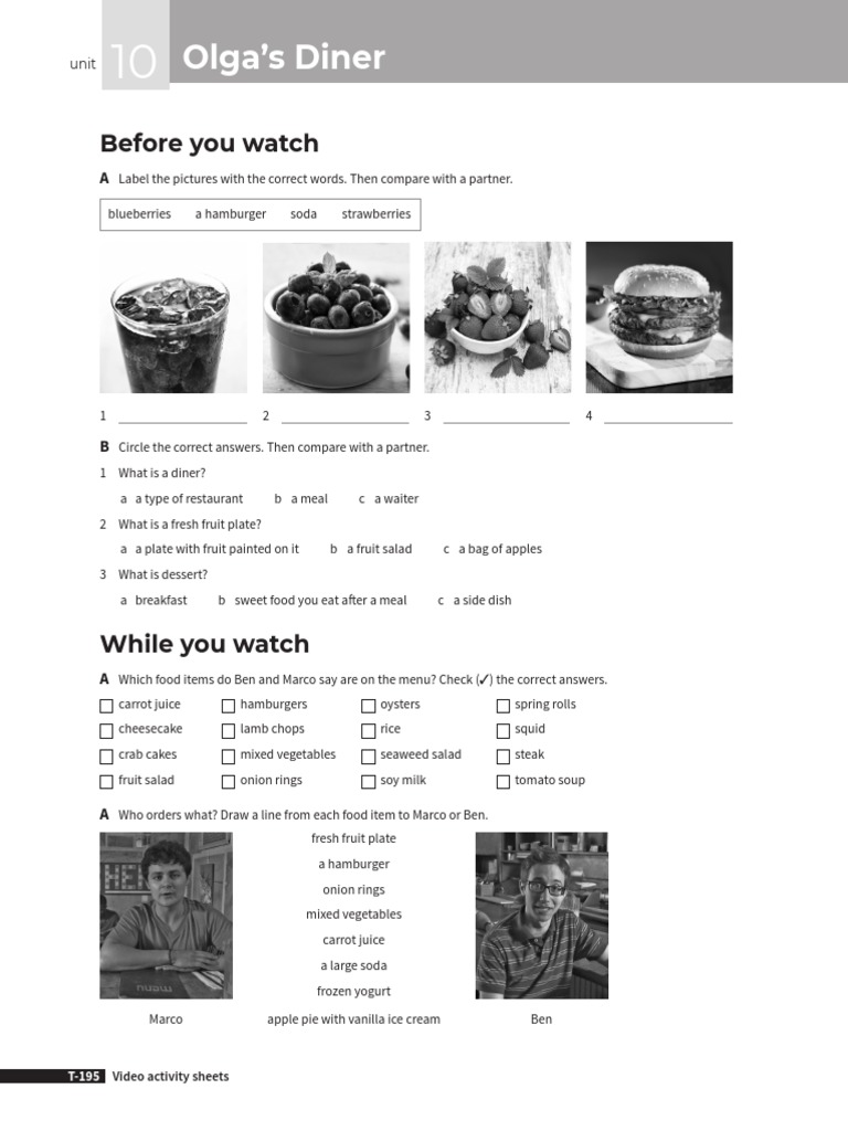 Four Corners 2e Level 2 Unit 10 Video Worksheet | PDF | Menu | Hamburgers
