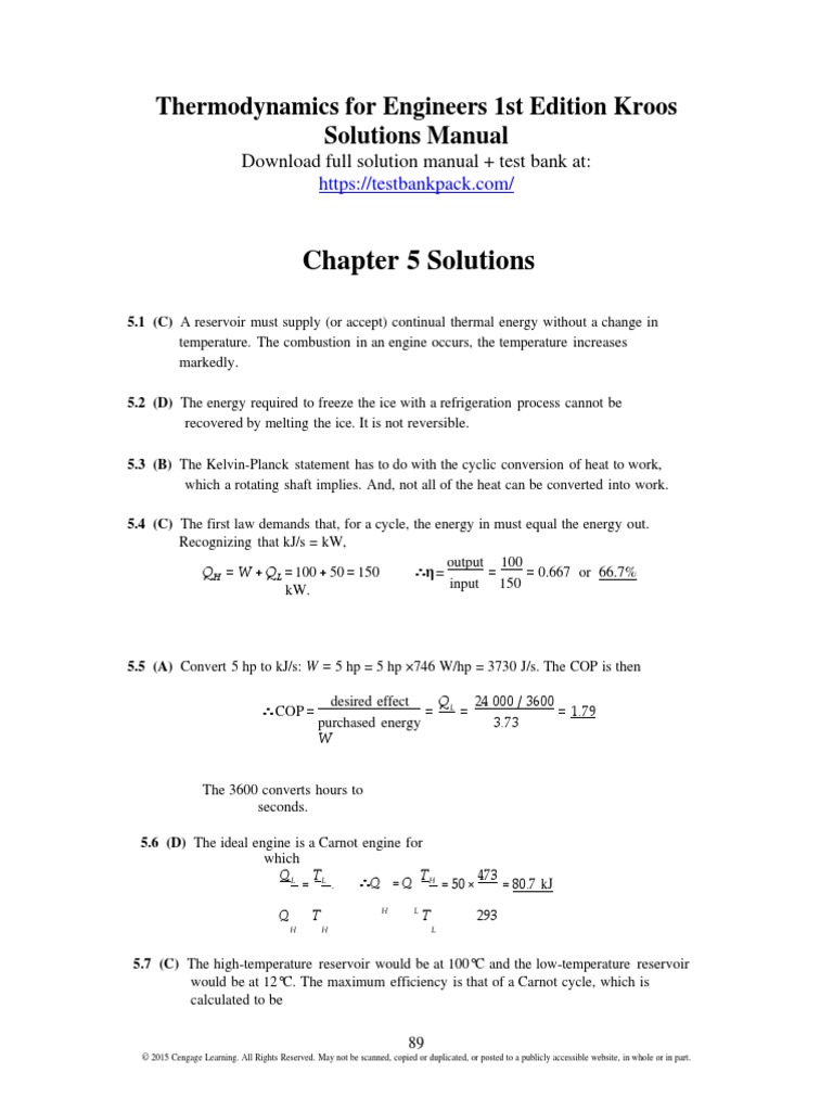 Thermodynamics For Engineers 1st Edition Kroos Solutions Manual 1 | PDF
