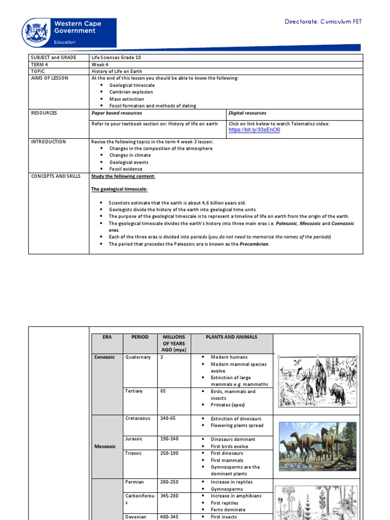 LFSC Grade 10 History of Life On Earth Term 3 Week 4 - Lesson - Plan | PDF