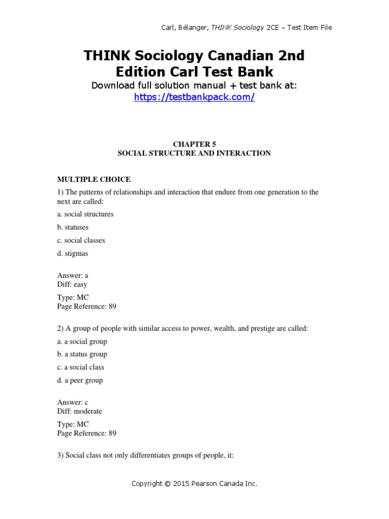 THINK Sociology Canadian 2nd Edition Carl Test Bank 1 | PDF