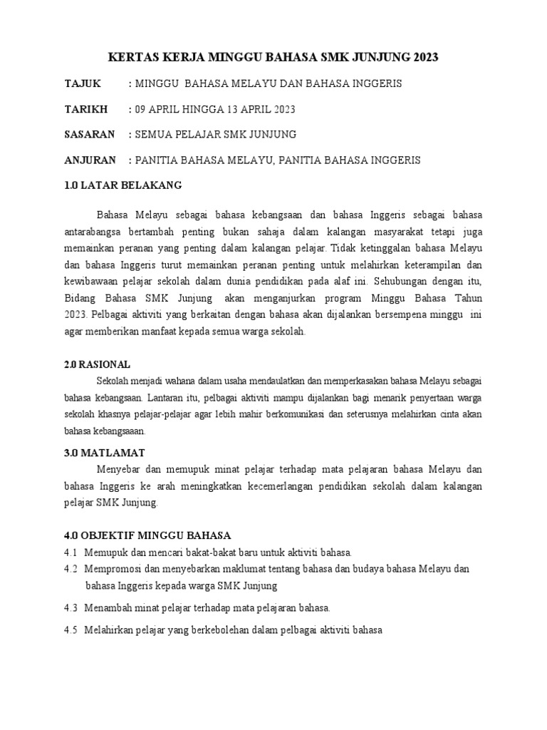Kertas Kerja Minggu Bahasa SMK Junjung 2023 | PDF