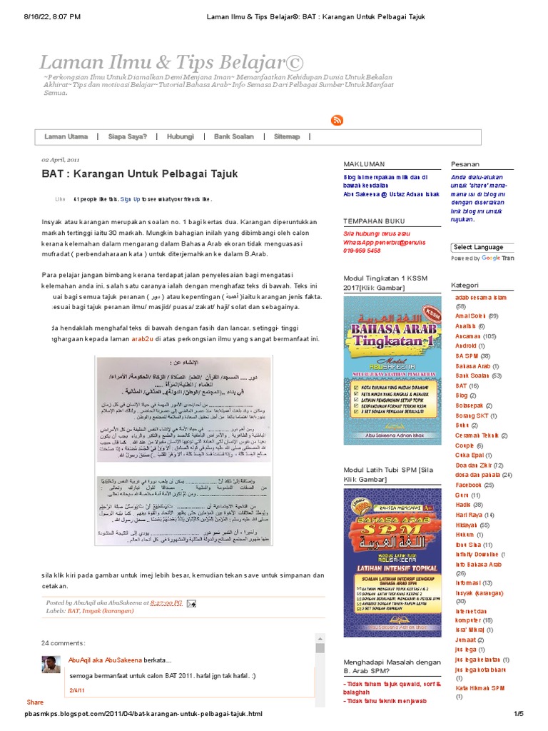 Laman Ilmu & Tips Belajar© - BAT - Karangan Untuk Pelbagai Tajuk | PDF