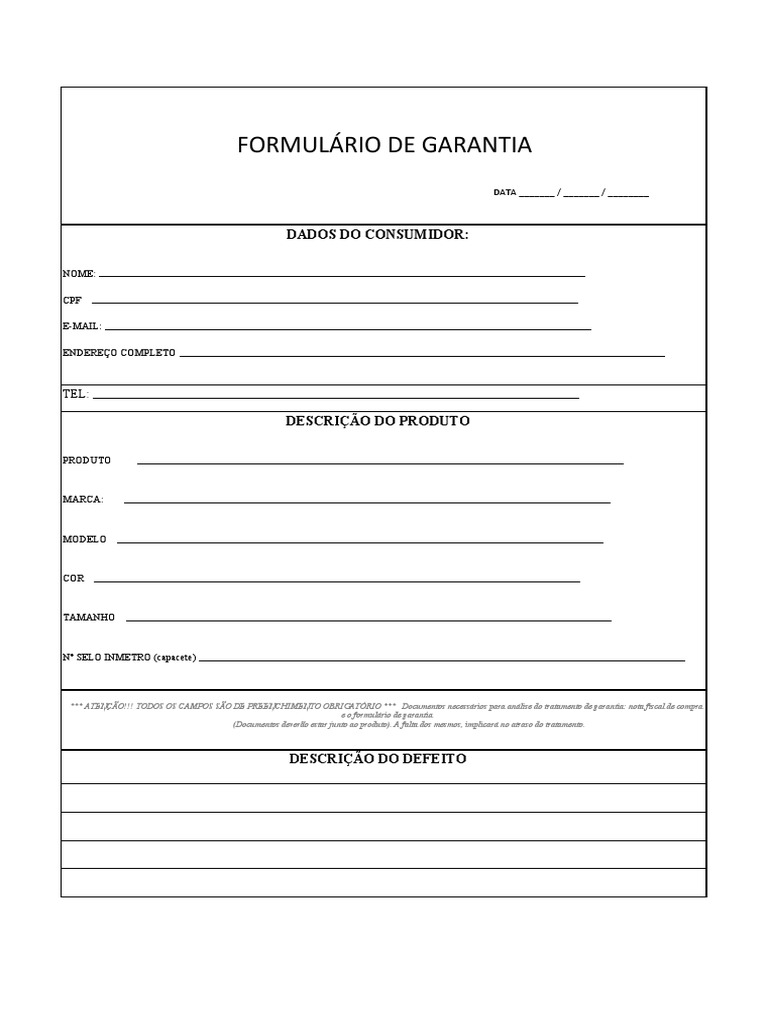 Formulário de Garantia Consumidor | PDF