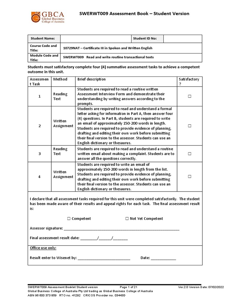 UnitB SWERWT009 Assessment Booklet Student Version - Version 2 | PDF | Career & Growth