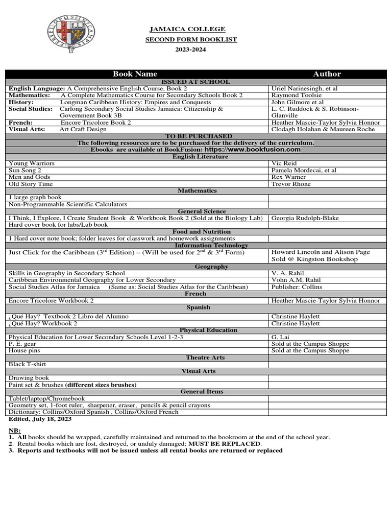 2nd Form Booklist 2023 2024 1 | PDF | Science