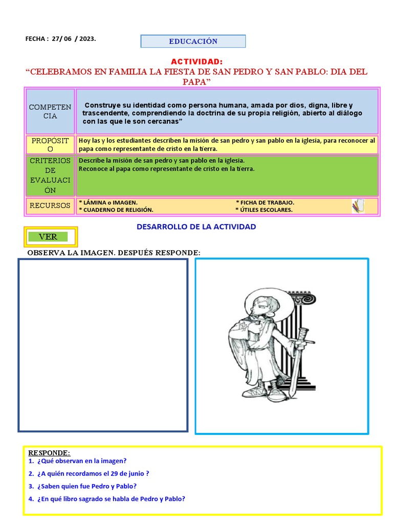 Sesion de Aprendiazaje San Pedro y San Pablo | PDF