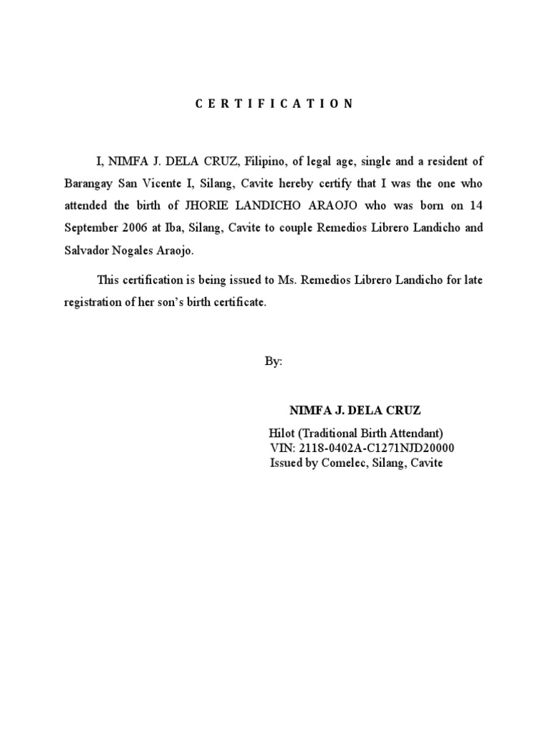 Certification - Hilot | PDF