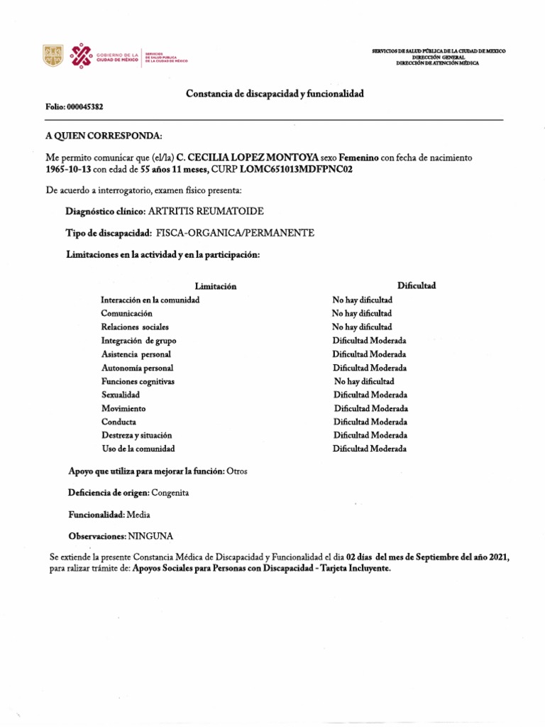 Constancia Médica de Discapacidad 2021 | PDF