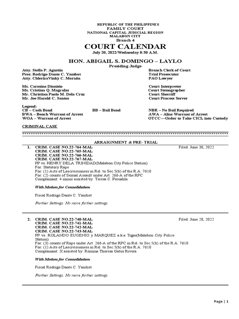 Court Calendar for Judge Abigail Domingo | PDF