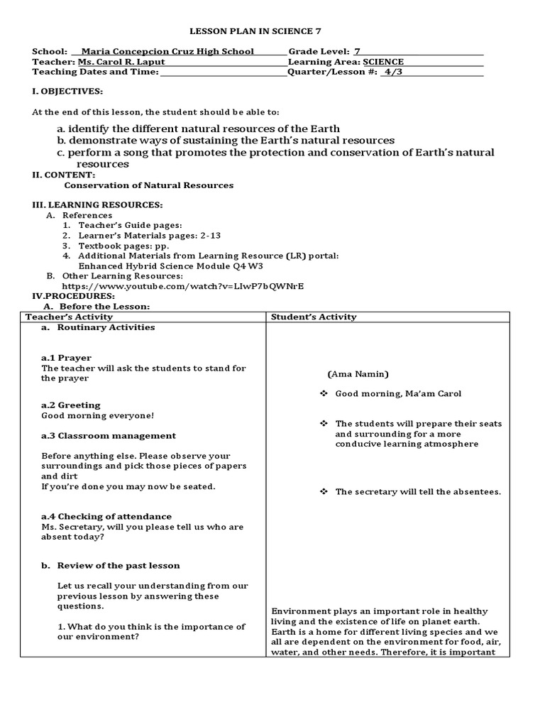 Science 7 Lesson Plan: Natural Resources | PDF