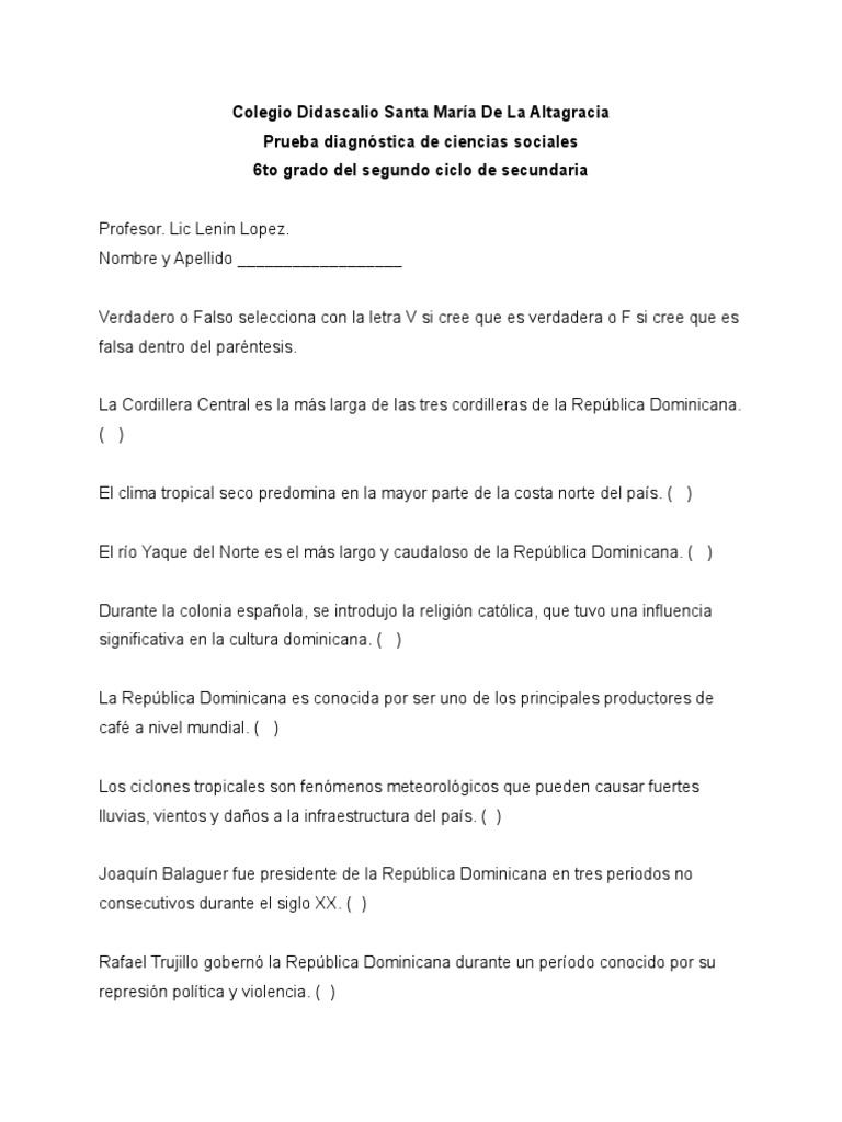 Prueba Diagnóstica de Sociales 6to Grado | PDF