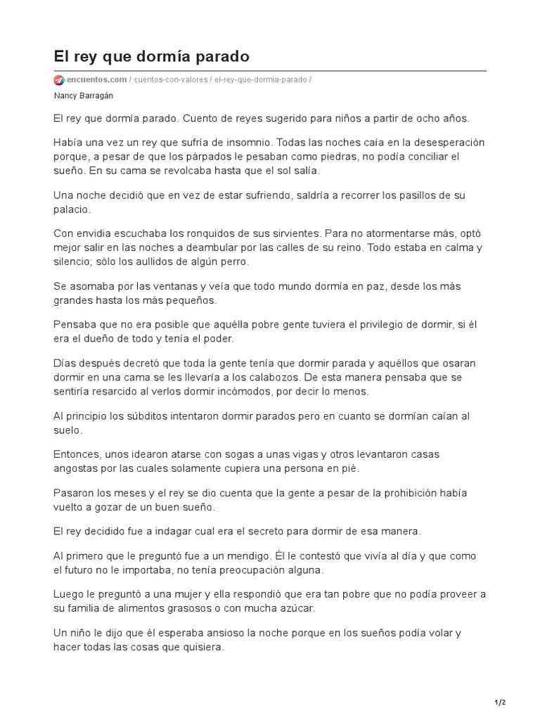 El rey que dormía parado: un cuento infantil | PDF