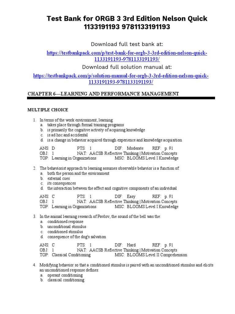 ORGB 3 3rd Edition Nelson Test Bank Download | PDF | Goal Setting ...