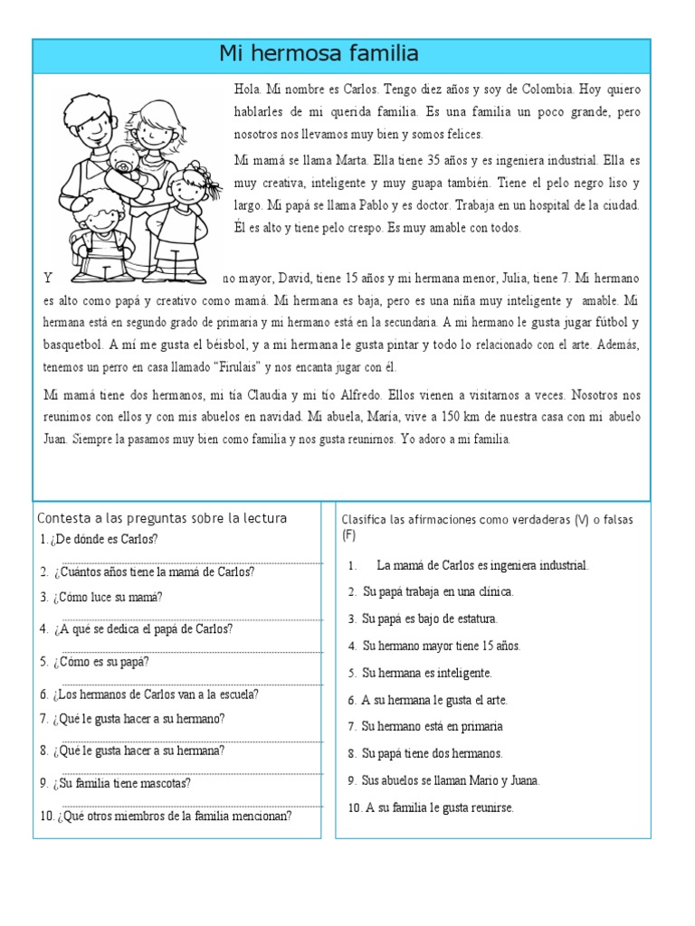 Family Relationships Spanish PDF Reading Worksheet With Answers | PDF