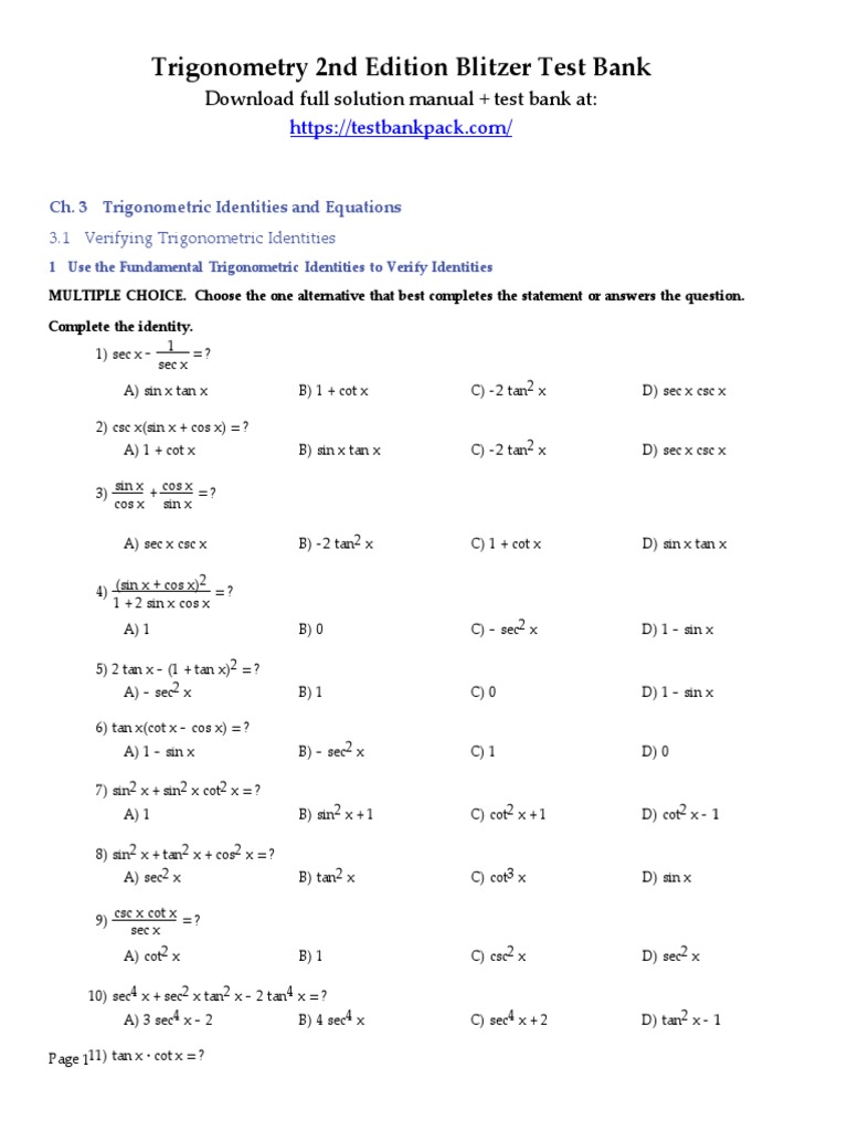 Trigonometry 2nd Edition Blitzer Test Bank 1 | PDF | Trigonometric ...