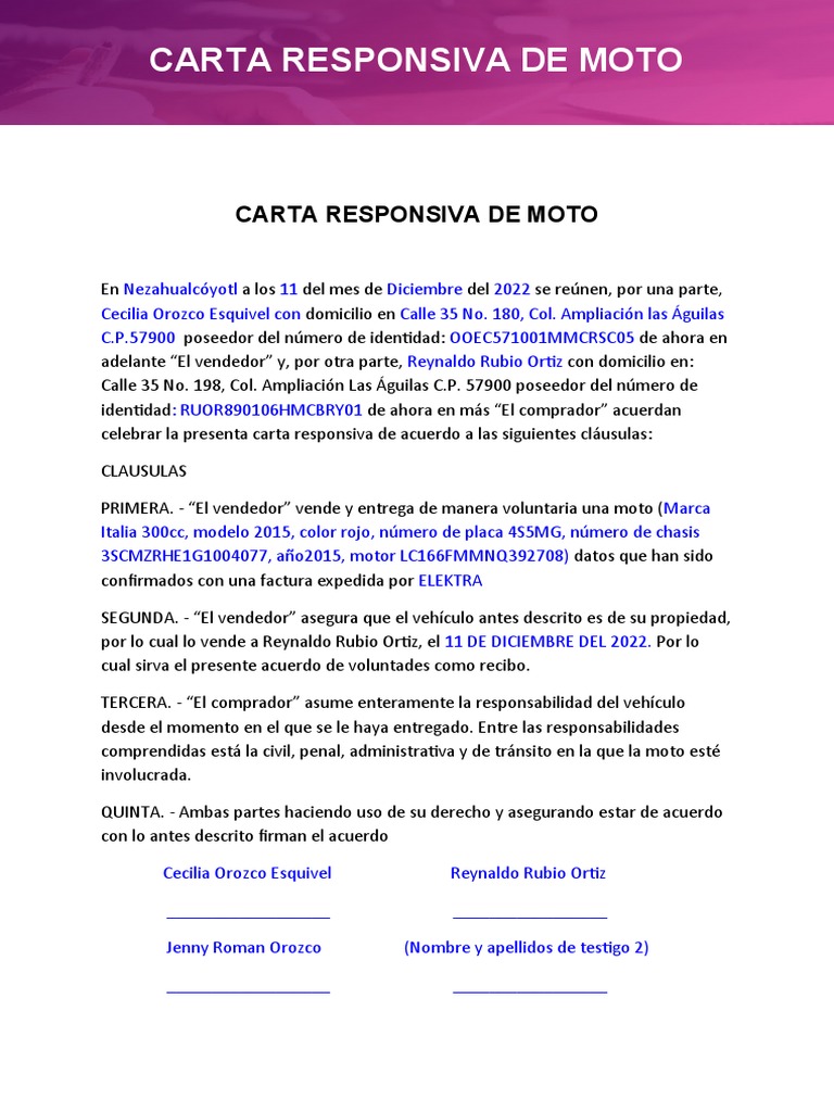 Carta Responsiva de Moto | PDF