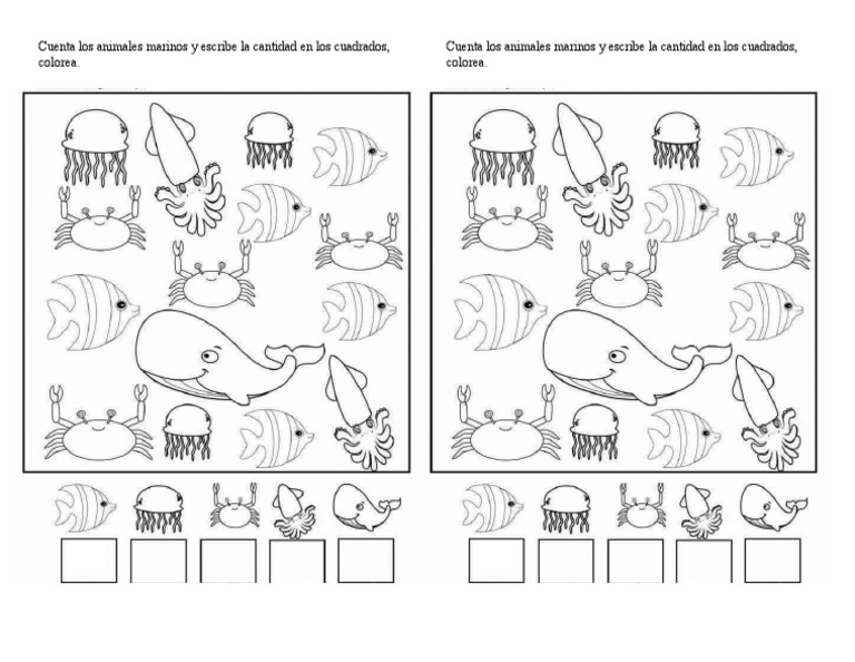 Cuenta Los Animales Marinos y Escribe La Cantidad en Los Cuadrados | PDF