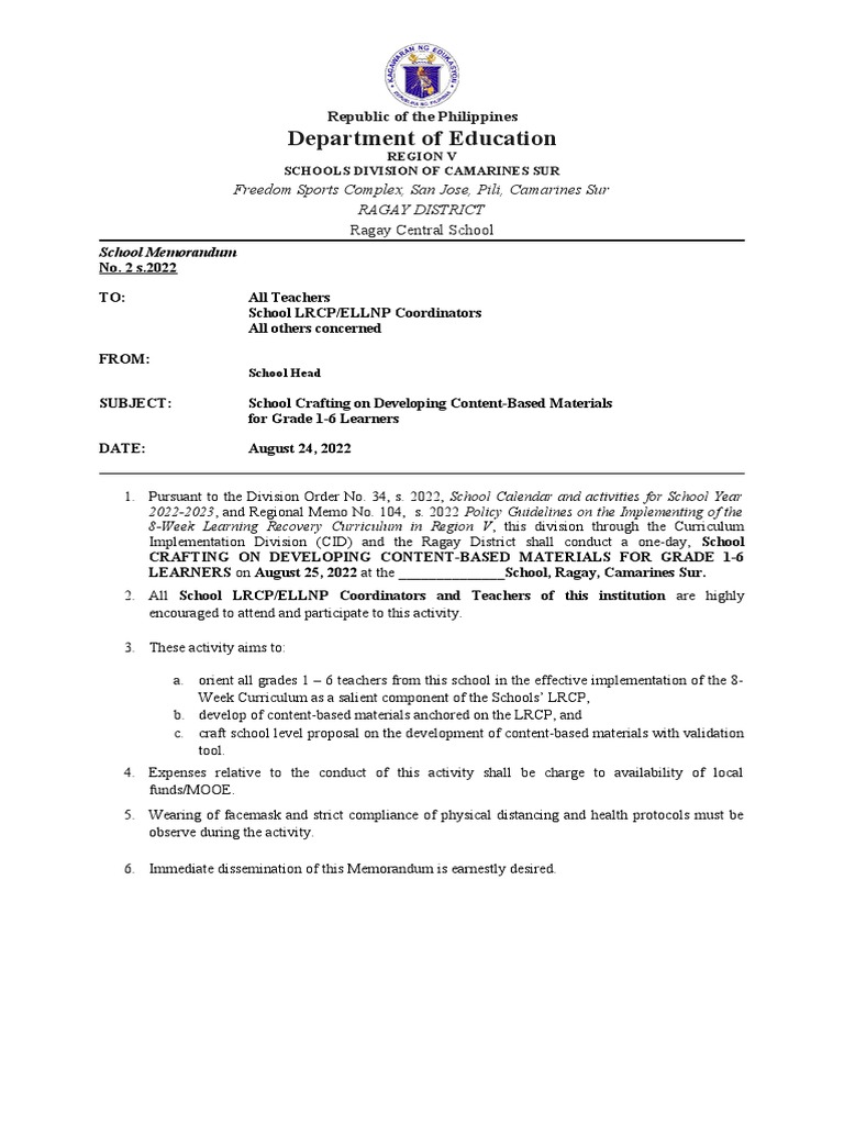 School Memo On Crafting LRCP Materials | PDF