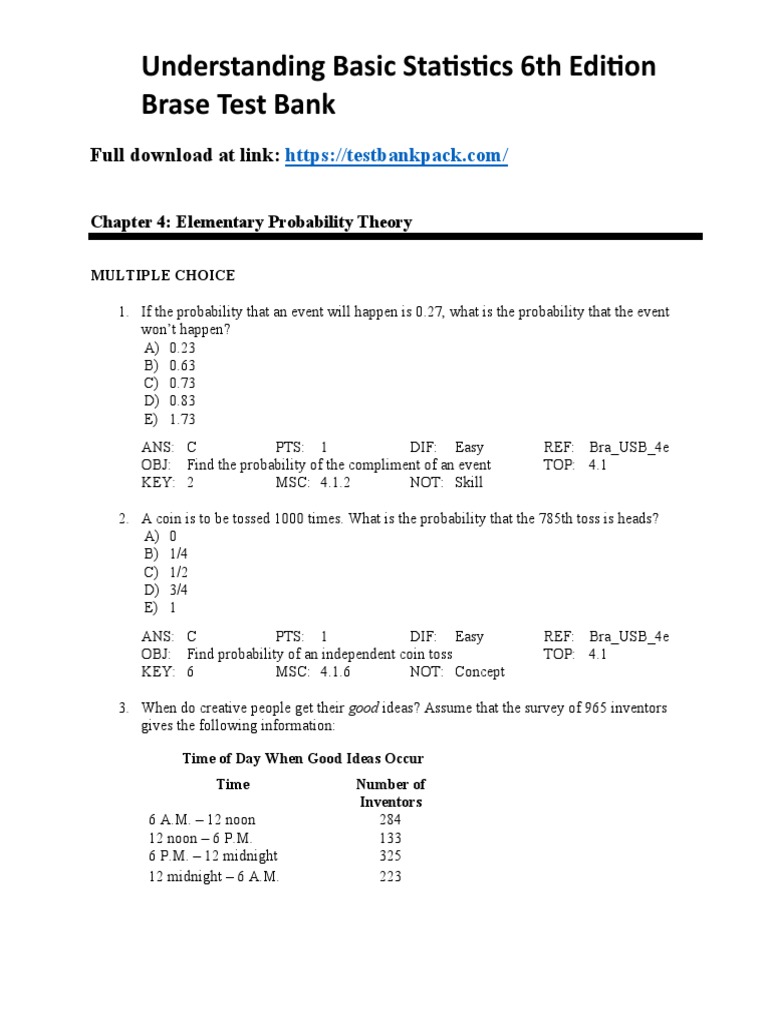 Understanding Basic Statistics 6th Edition Brase Test Bank 1 | PDF