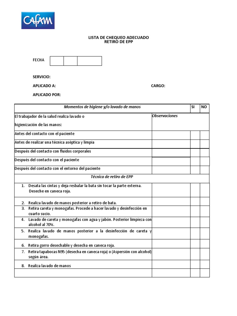 Lista de Chequeo en Blanco Adecuada Postura y Retiro de Epp | PDF ...