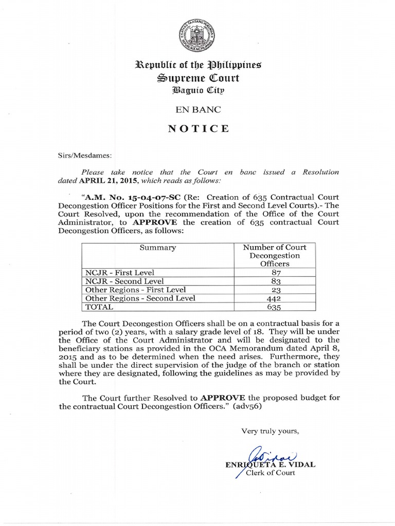 A.M. No. 15-04-07-SC Decongestion Officers | PDF