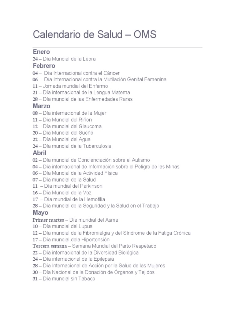 Calendario de Salud OMS | PDF | Salud pública | Especialidades Medicas