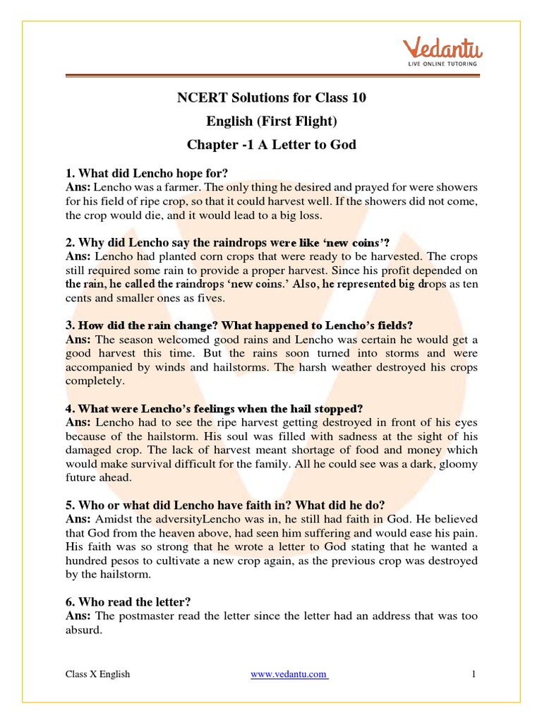 Ncert Solutions Class 10 English First Flight Chapter 1 A Letter To God ...