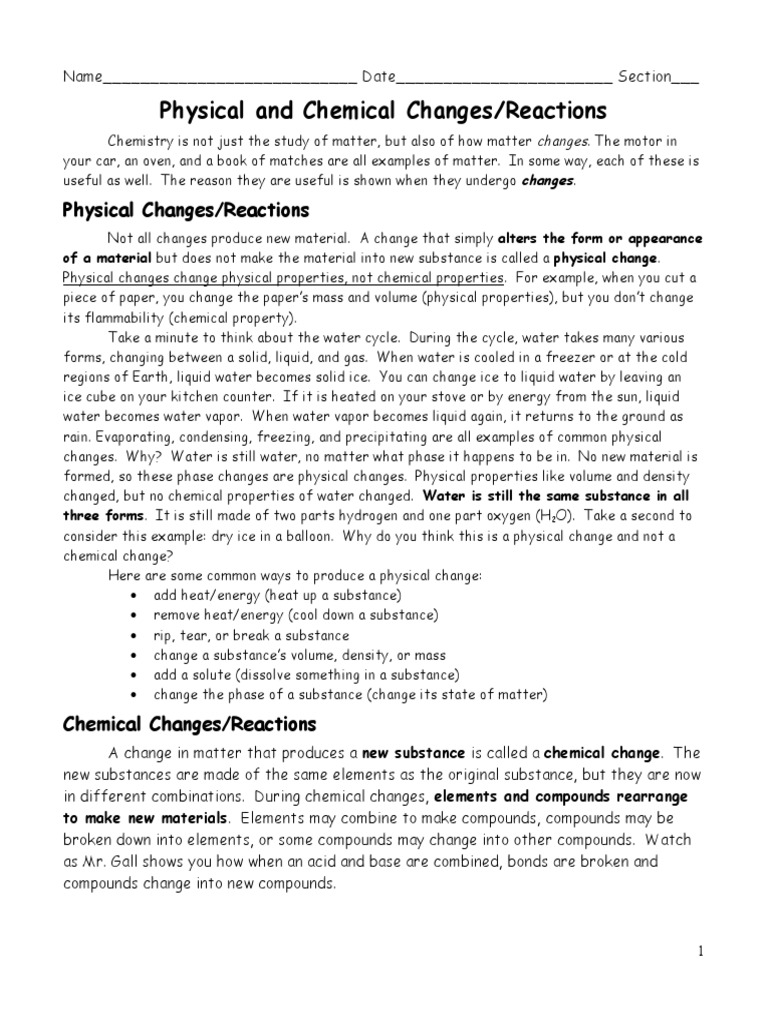 Chemical Physical Changes | PDF | Water | Chemical Reactions