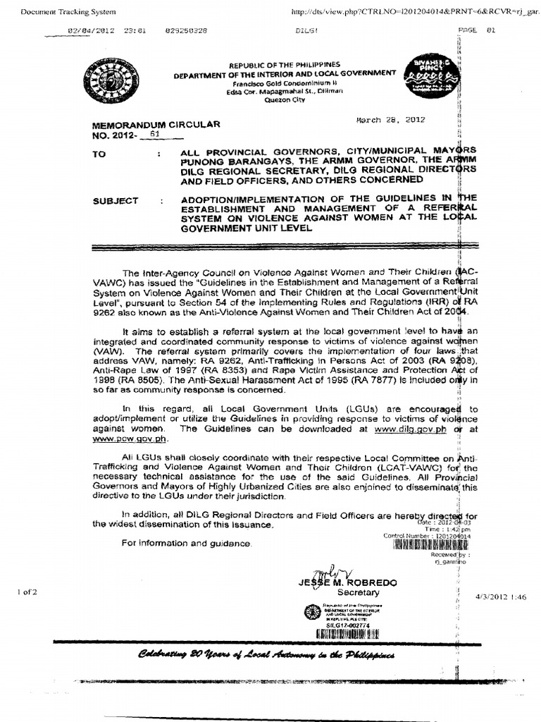 DILG Memorandum Circular 2012-61 | PDF