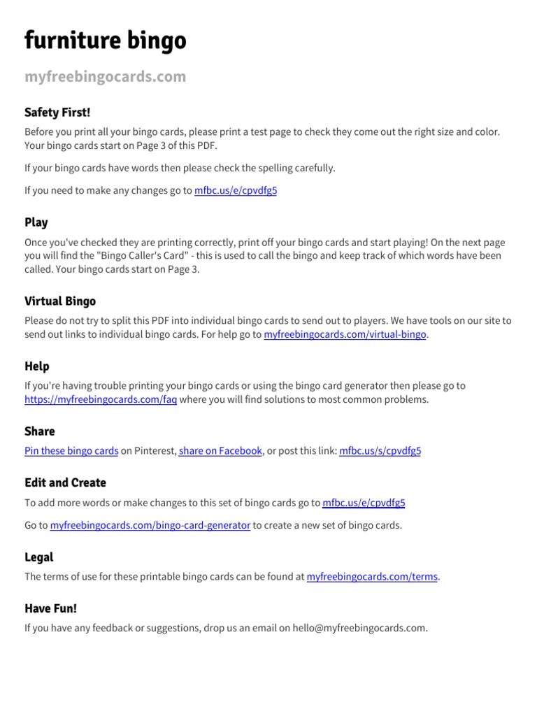 Furniture Bingo Game Instructions | PDF