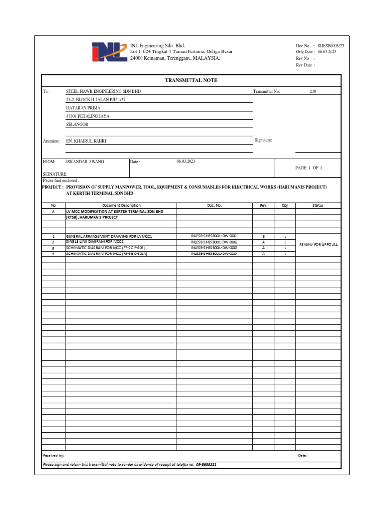 Harumanis Project Electrical Works Transmittal | PDF