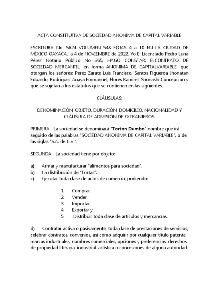 Acta Constitutiva de Sociedad Anonima de Capital Variable | Descargar gratis PDF | Sociedad de ...