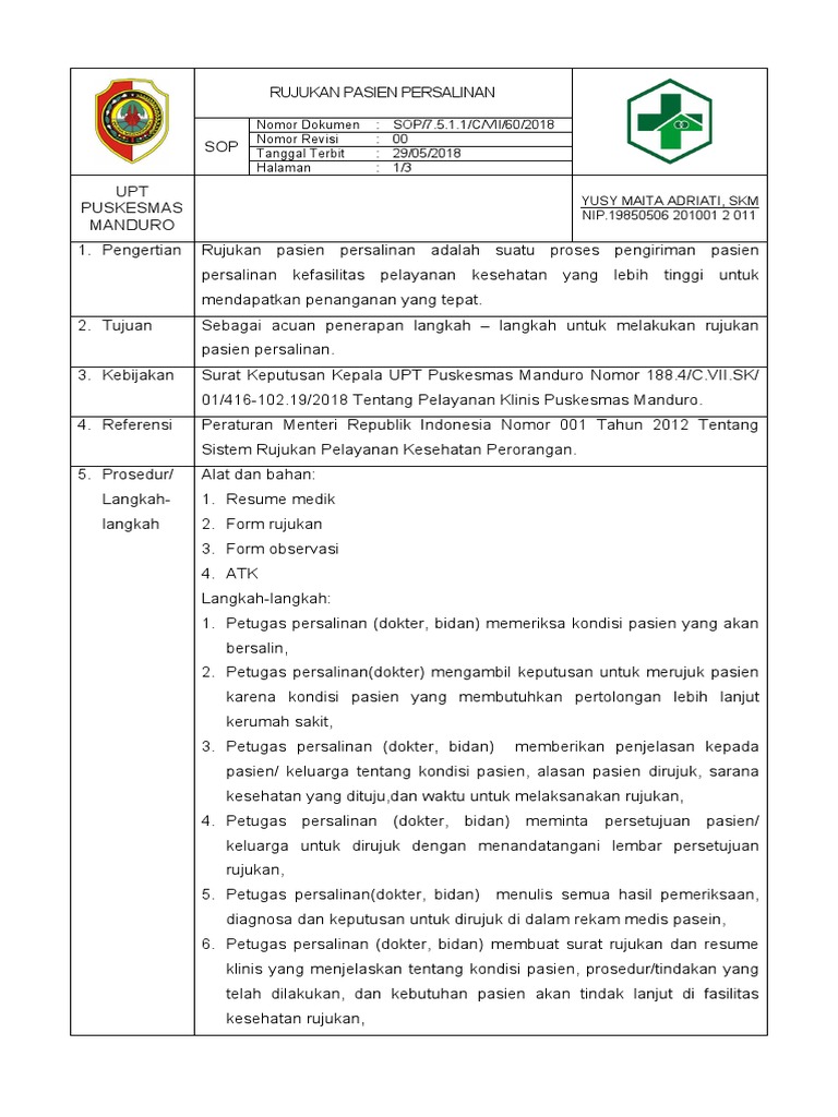 Sop Rujukan Persalinan | PDF