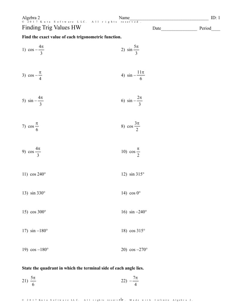 Infinite Algebra 2 - Finding Trig Values HW | PDF | Trigonometry | Mathematical Analysis