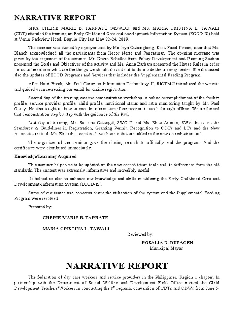 Narrative Report on ECCD Seminar | PDF | Wellness