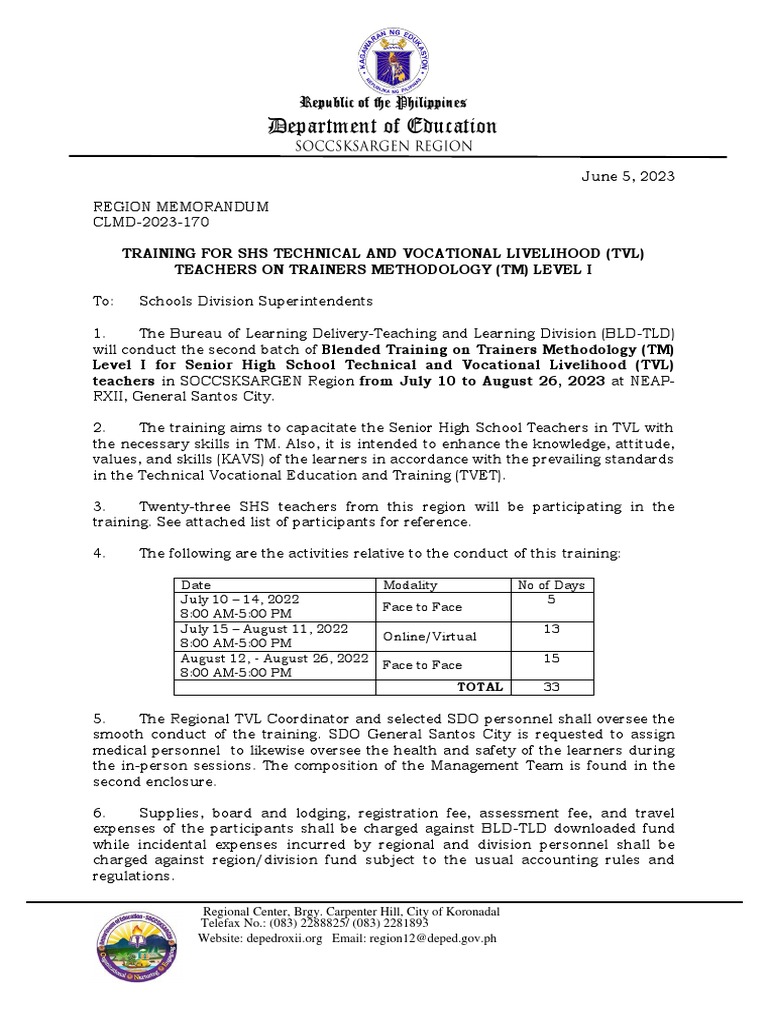 Region Memorandum CLMD 2023 170 TRAINING FOR SHS TECHNICAL AND ...