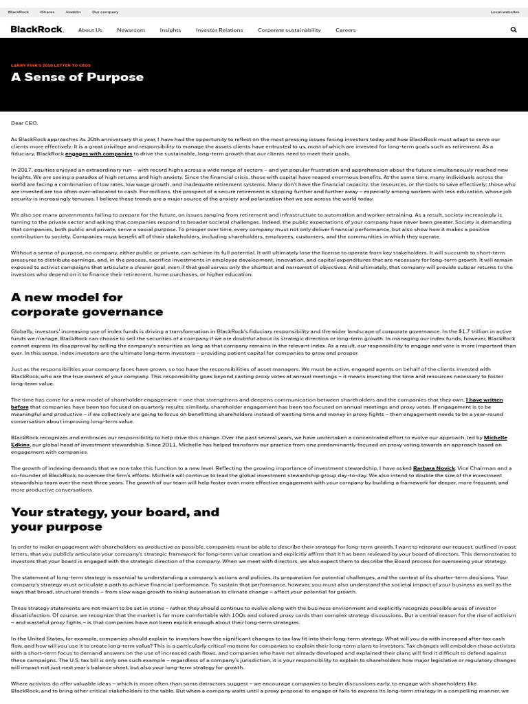 Larry Fink's 2018 Letter To CEOs - BlackRock | PDF