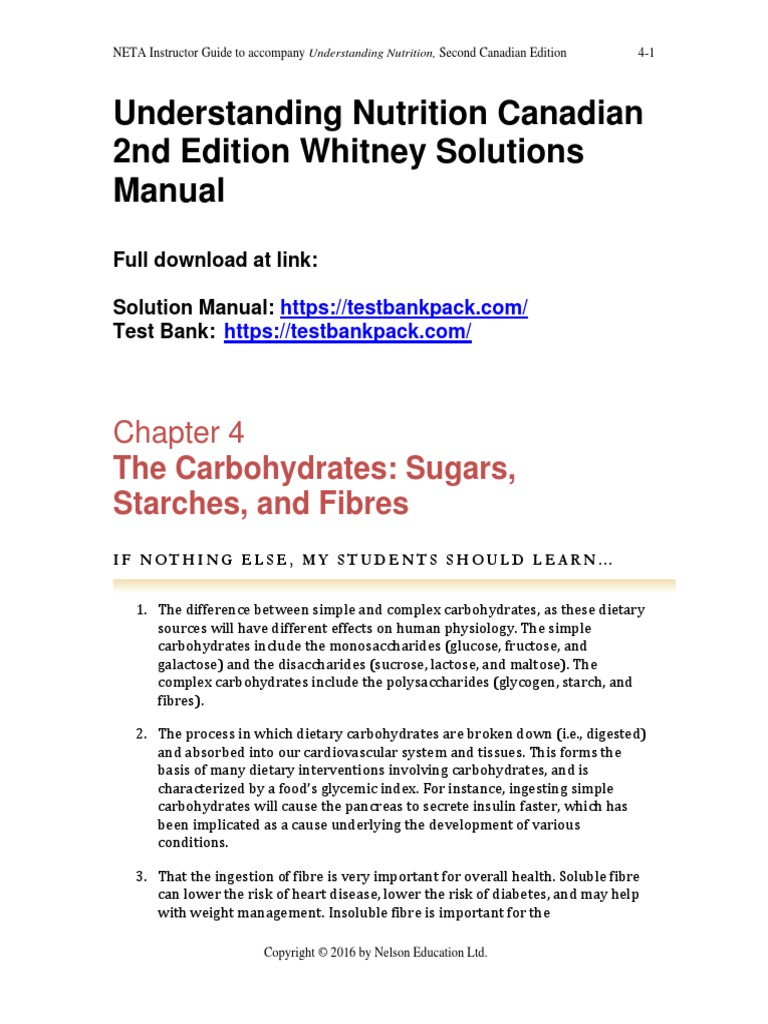 Understanding Nutrition Canadian 2nd Edition Whitney Solutions Manual 1 ...