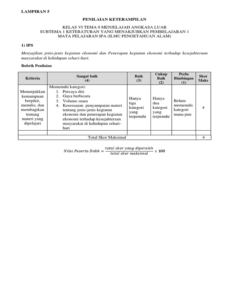 Instrumen Keterampilan RPP - IPA - Kelas 6 Tema 9 Subtema 1 PB 1 | PDF