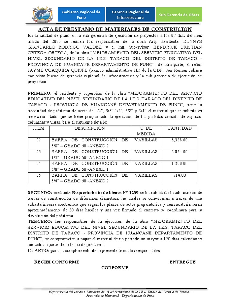 Acta de Prestamo de Materiales | PDF