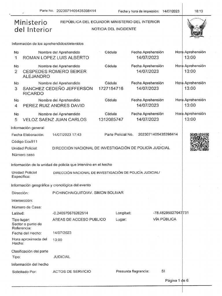 Parte Policial - Flagrancia 15 Julio | PDF